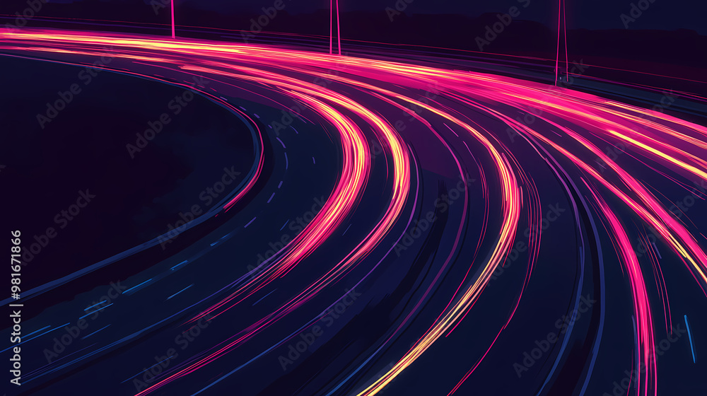 Traffic on the highway, winding road at night, reflective pavement ...