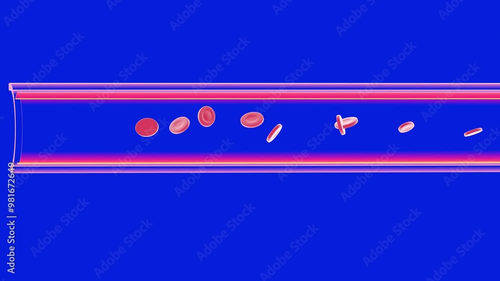 3D animation of the interior of a transparent glass artery. Obstructed ...