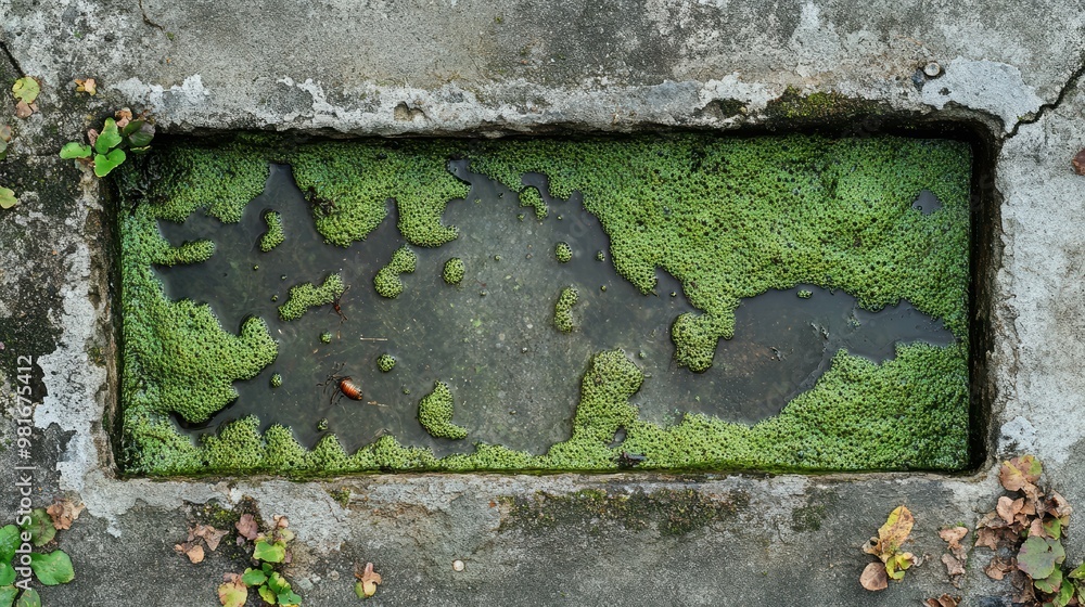 Algae growth in a stagnant AC drain pan attracting insects Stock ...