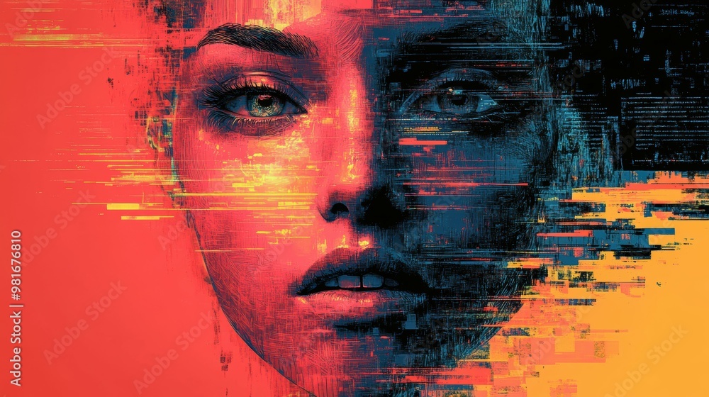 Panoramic illustration of a person's face being manipulated by AI ...