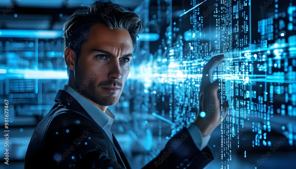 Dynamic blue matrix code composition showcasing business figures in a ...