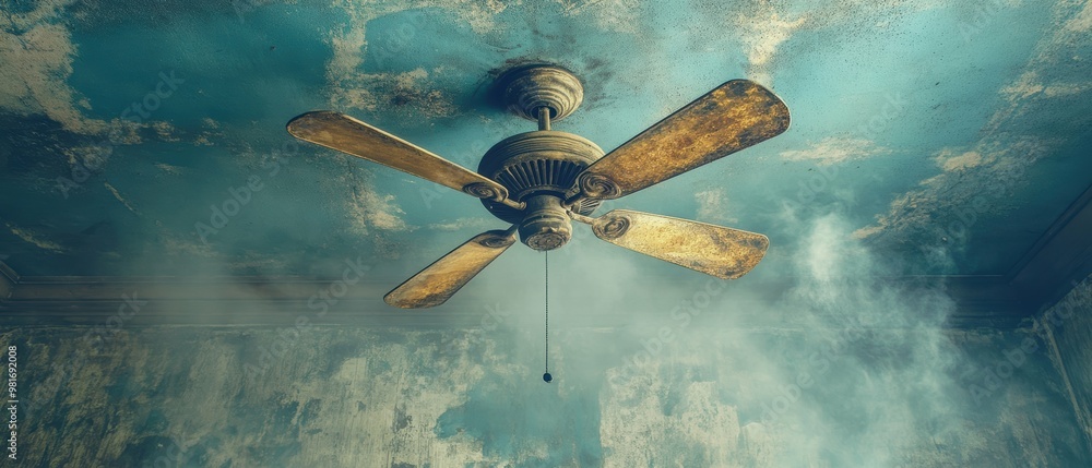 Ceiling fan covered in dust disturbing moldy air from vents Stock ...