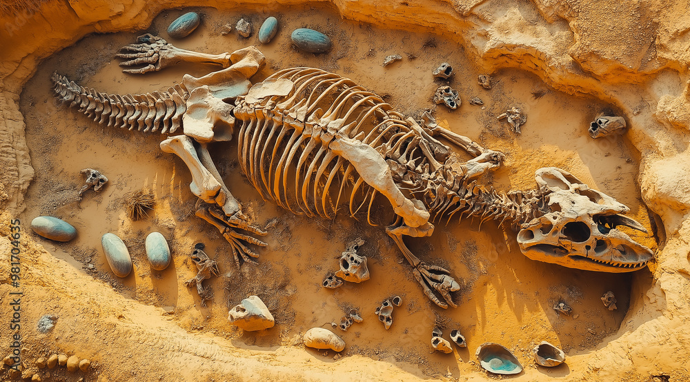 A dinosaur skeleton, half-buried on the ground, with bones scattered ...