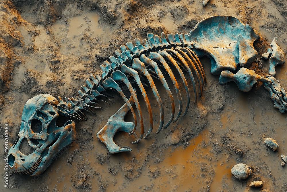 A dinosaur skeleton, half-buried on the ground, with bones scattered ...