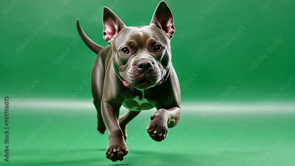Muscular gray pitbull dog running towards the camera on a seamless ...