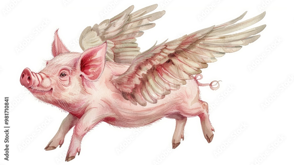 Whimsical winged pink pig flying with magical wings in a surreal ...