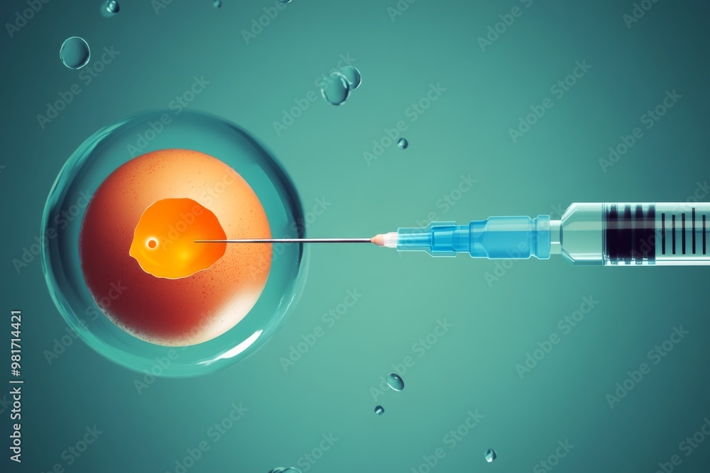 Illustration of a syringe injecting into an egg during the in vitro ...