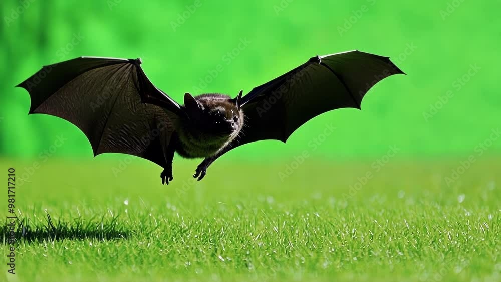 Bat is flying in the air with its wings spread out, captured against a ...