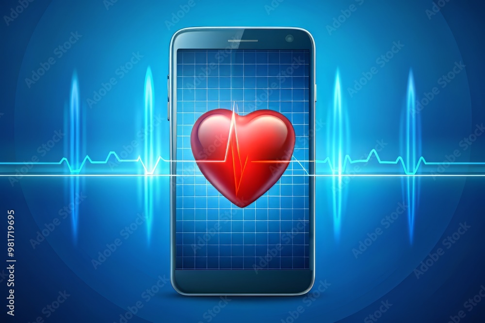 A stylized vector illustration featuring a smartphone with an ECG app ...