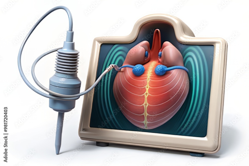 ultrasound waves radiating from a transducer probe into the chest ...