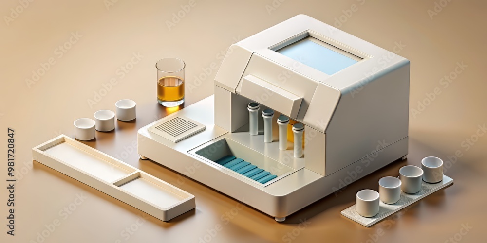 An isometric illustration of a urine screening workstation, featuring a ...
