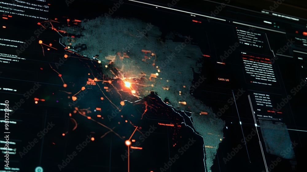 Futuristic Digital Interface With Real Time Crime Prediction Data Map Highlighting High Risk