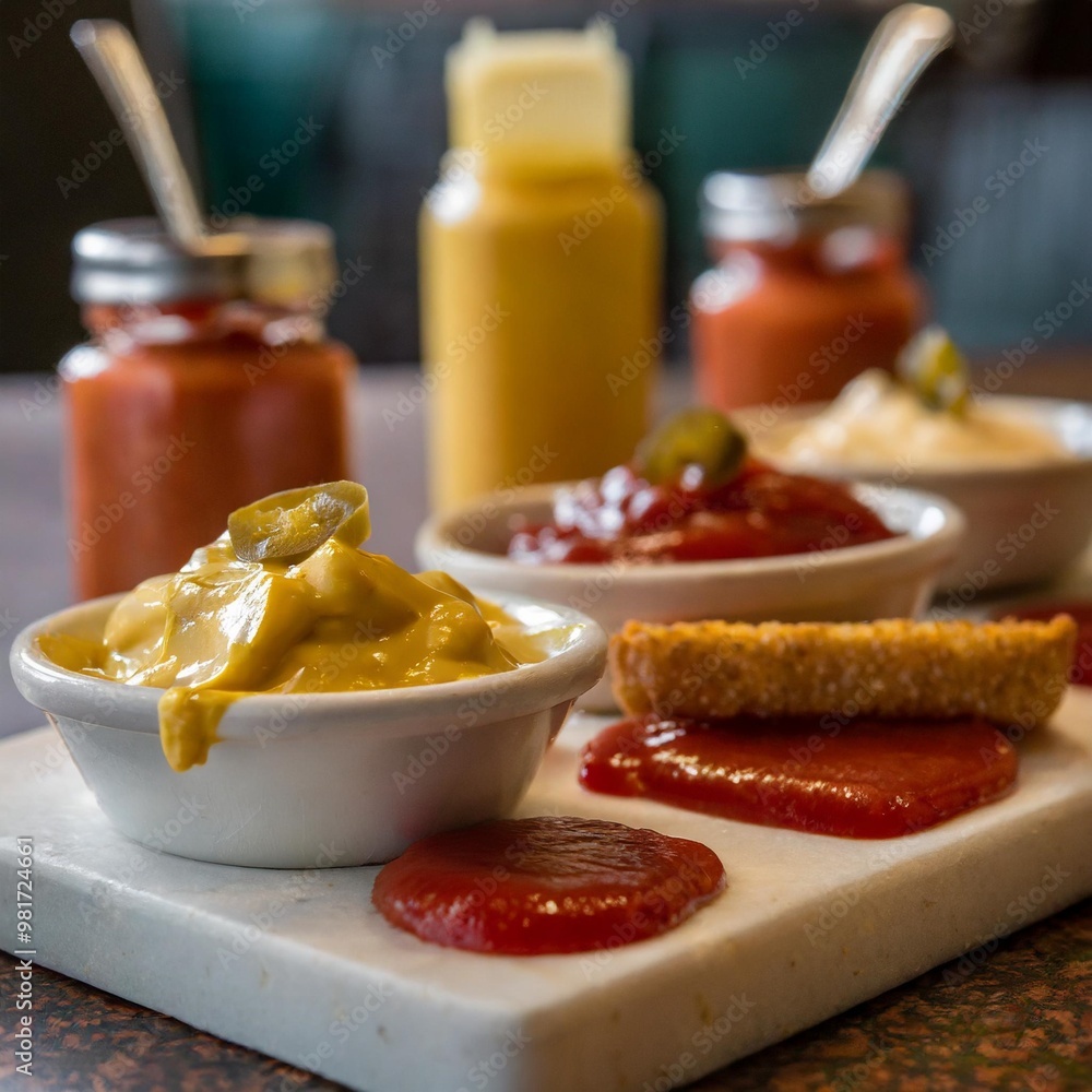 Classic condiment pairings with depth of field featuring ketchup ...