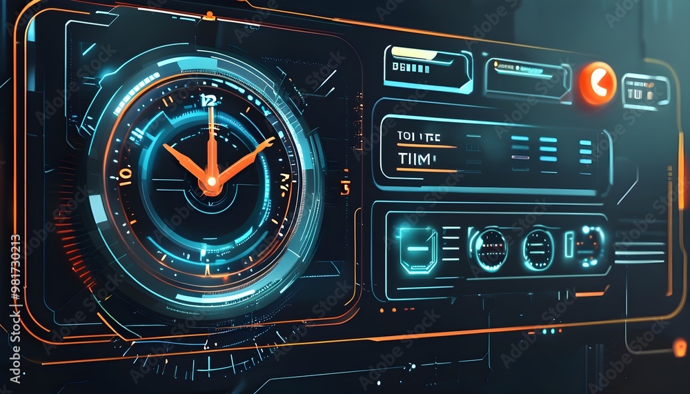 Futuristic digital interface showcasing time management through clock ...