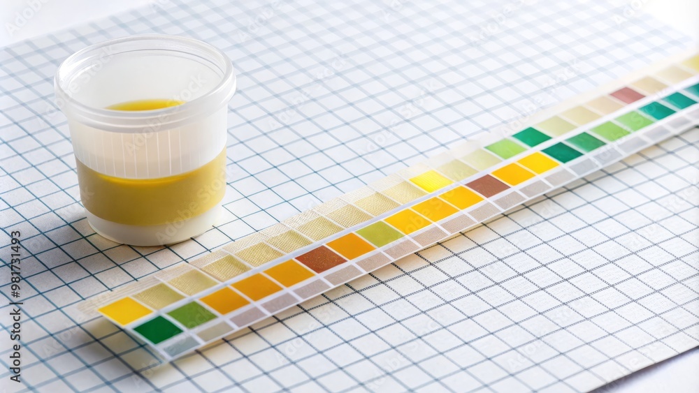 Medical illustration of a urinalysis testing strip against a clean ...