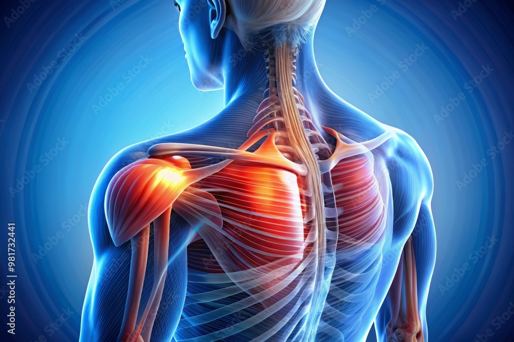 Medical illustration of the shoulder joint with ultrasound waves ...