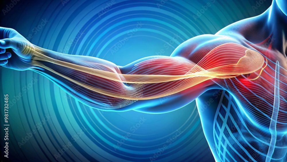 Vector illustration of the elbow joint showing the biceps brachii ...
