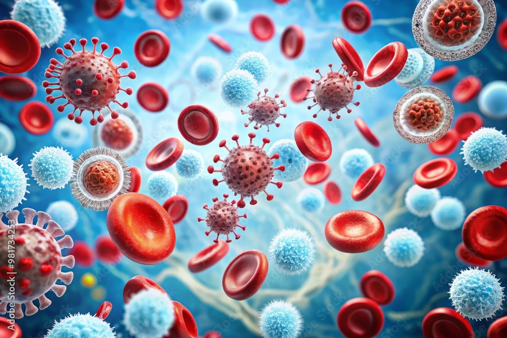 Microscopic view of a blood smear sample on a light blue background ...