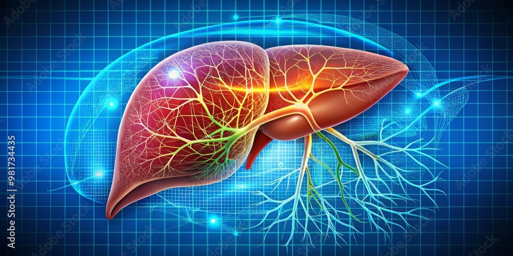 Illustration of a liver with blood vessels and bile ducts highlighting ...