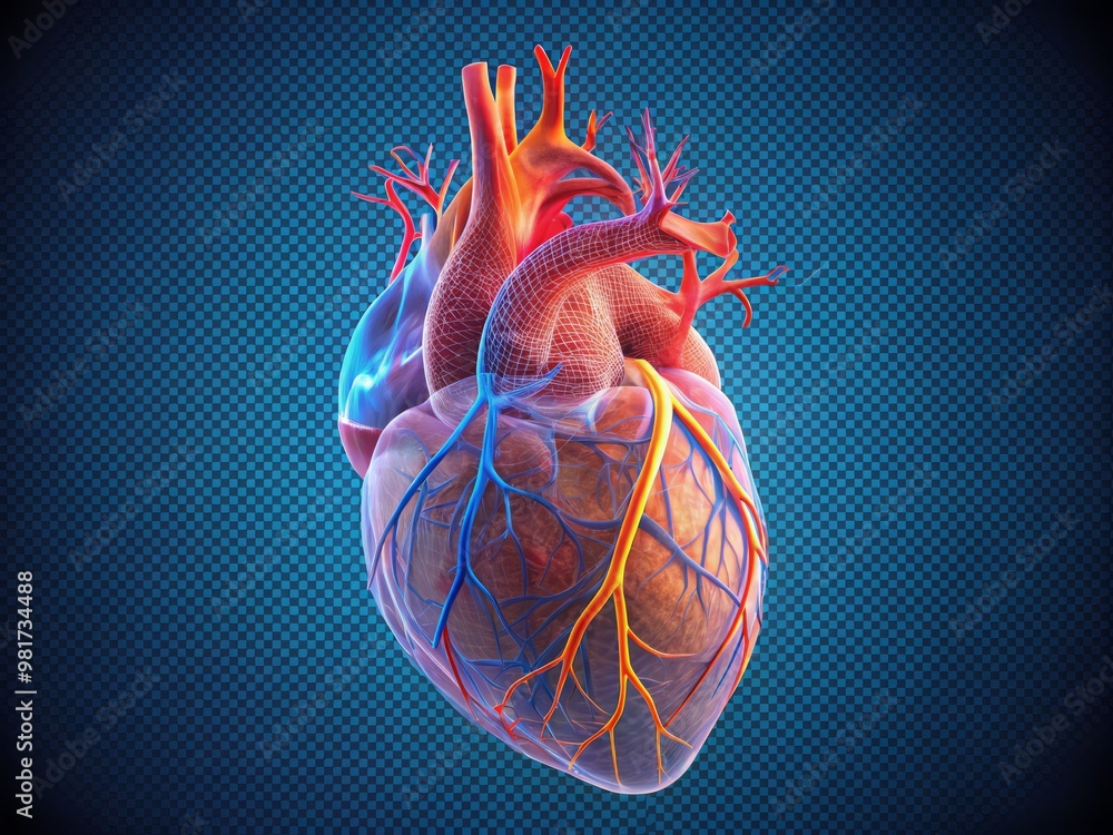 Realistic illustration of a detailed heart CT scan on a transparent ...