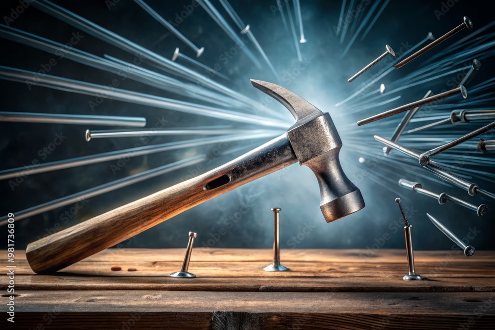 Hammer and nails suspended in mid-air against a transparent background ...