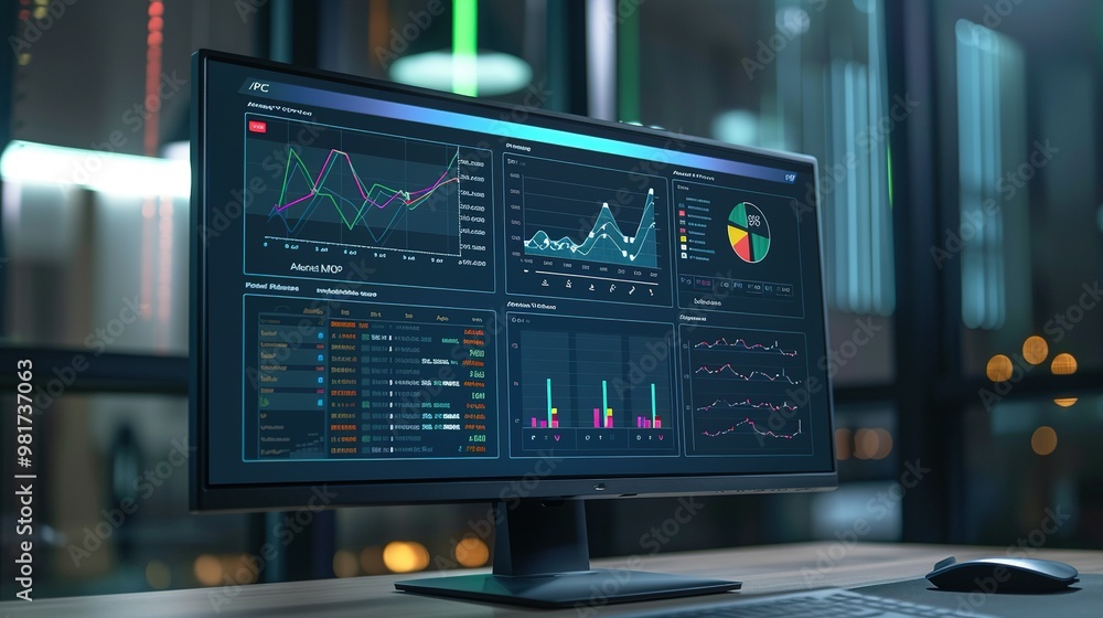 Abstract Network Monitoring Dashboard on Computer Monitor: Featuring Real-Time Data Analytics ...