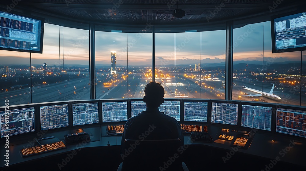 Air Traffic Control Center: A high-tech air traffic control center filled with large screens ...