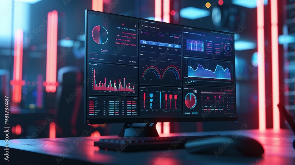 Network Monitoring Dashboard on Computer Monitor: Abstract Design Featuring Real-Time Data ...