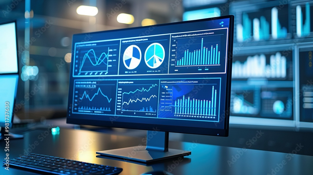 Network Monitoring Dashboard on Computer Monitor: Abstract Design Featuring Real-Time Data ...