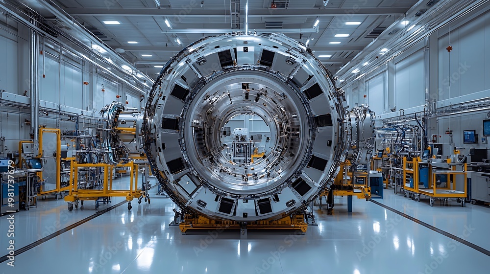 Spacecraft Assembly: A large, clean room where engineers are assembling ...