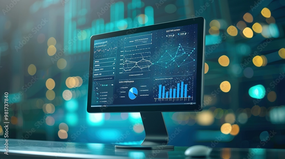 Network Monitoring Dashboard on Computer Monitor: Abstract Design Featuring Real-Time Data ...