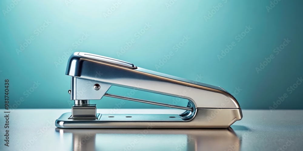 Against a soft gradient blue backdrop, a heavy-duty stapler is centered ...