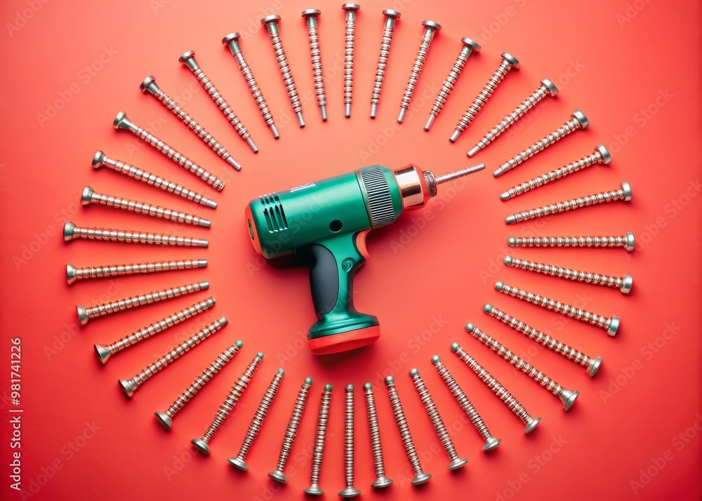 Modern minimalist composition featuring a sleek cordless screwdriver ...