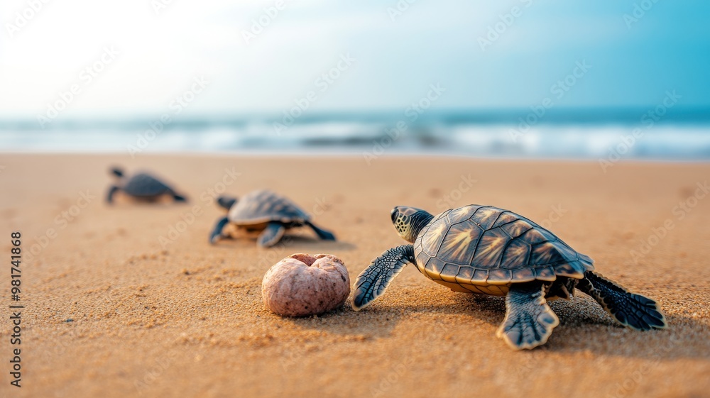 Sea turtles hatching on a polluted beach, showing the impact of human ...