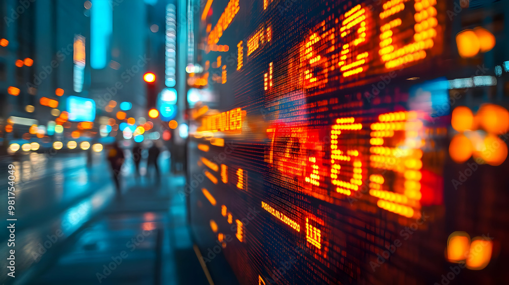Illuminated stock market display in a bustling city at night ...