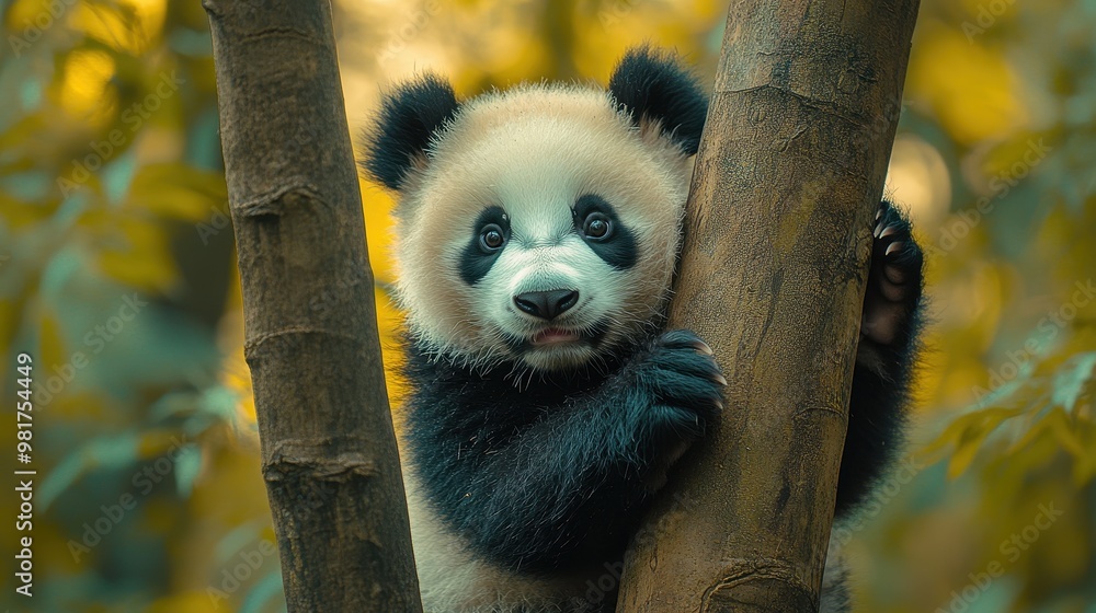 Cute Panda Climbing Bamboo Trees in a Forest with Green Leaves and ...