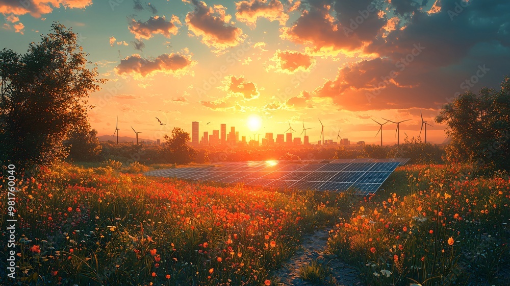 Illustrate a vector landscape where solar panels and wind turbines ...