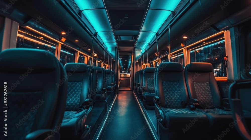 A dimly lit bus interior showcasing empty seats and ambient lighting ...