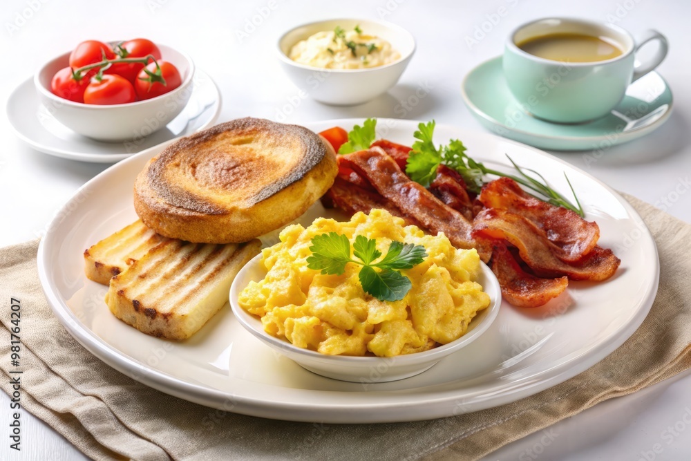 A beautifully styled breakfast plate with crispy bacon, scrambled eggs ...