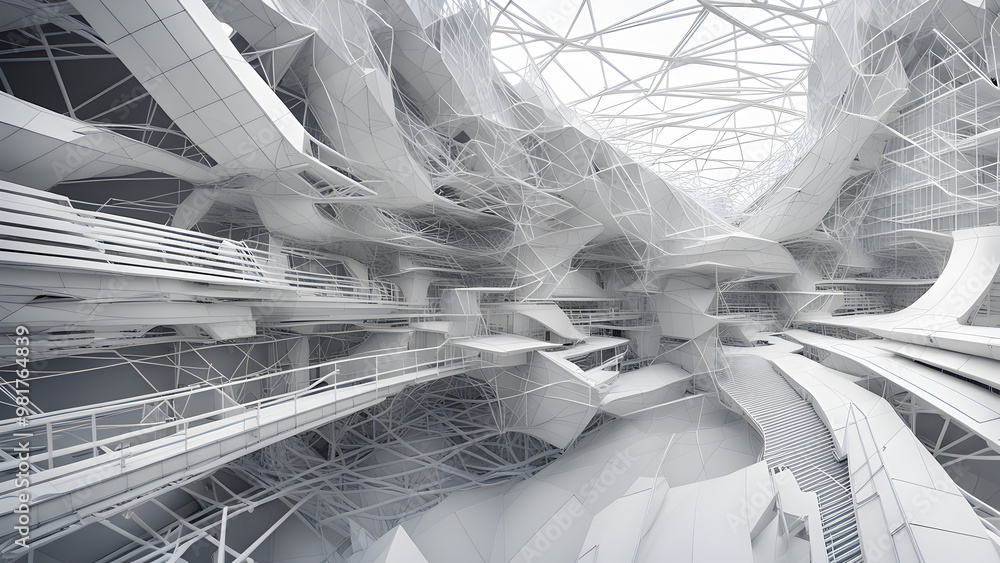 3D renderings of abstract civil engineering designs made up of lines ...