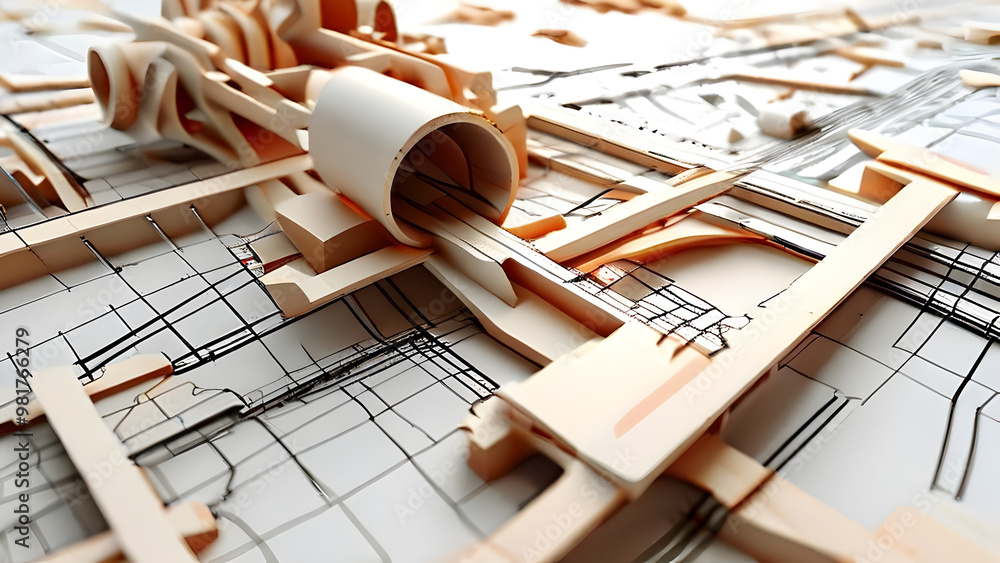 3D renderings of abstract civil engineering designs made up of lines ...