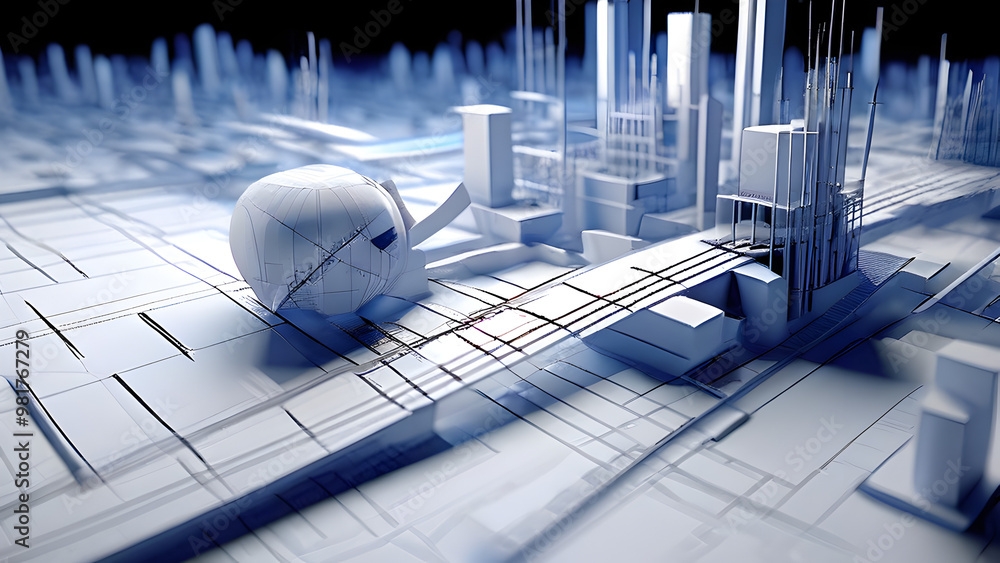 3D renderings of abstract civil engineering designs made up of lines ...