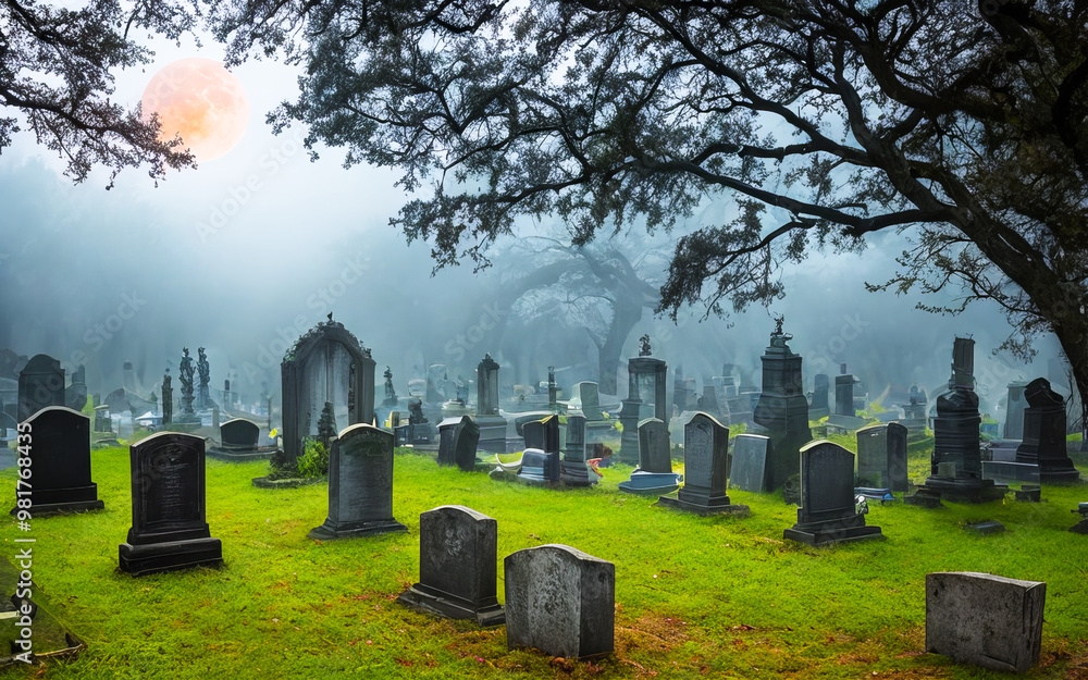 Haunted Cemetery Create a spooky graveyard with tombstones, mist, ghost ...