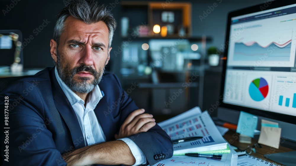 Corporate worker with a distressed look, sitting at a desk covered with ...