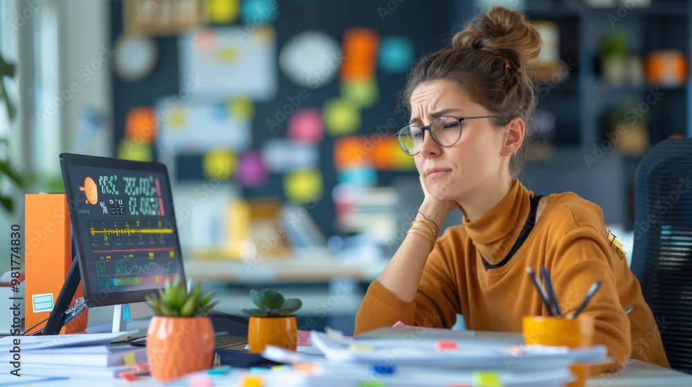 Office worker looking stressed and overwhelmed at a desk full of ...