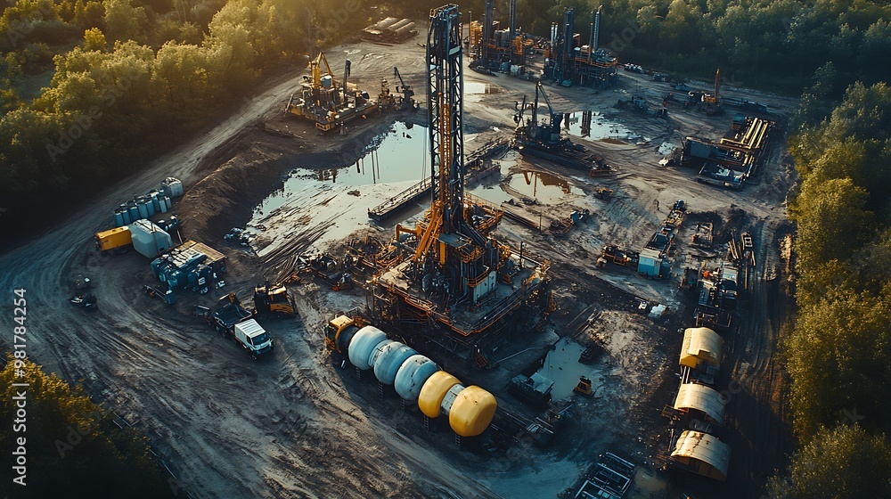 Fracking Operation: A fracking site in a rural area with drilling rigs ...