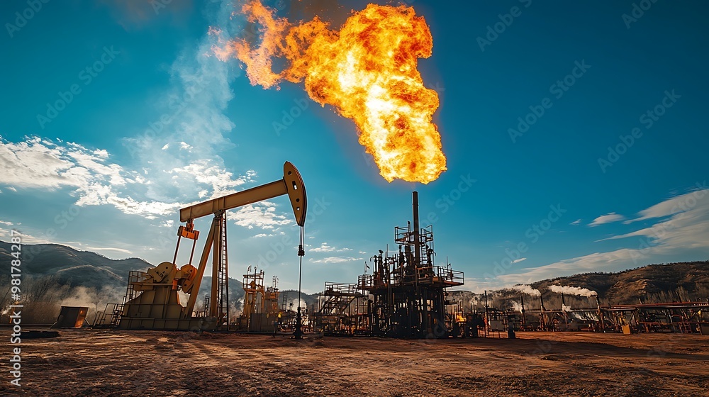 Gas Flare at Oilfield: A gas flare burning brightly at an onshore ...