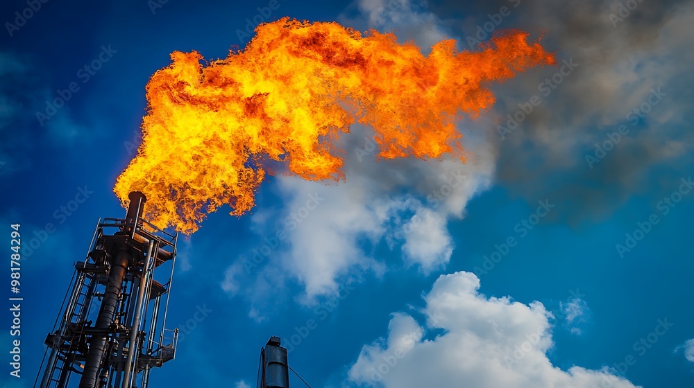 Gas Flare at Oilfield: A gas flare burning brightly at an onshore ...