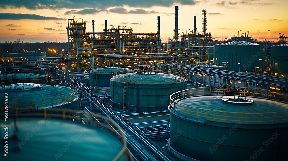 Oil Storage Facility: A vast area filled with massive cylindrical oil ...