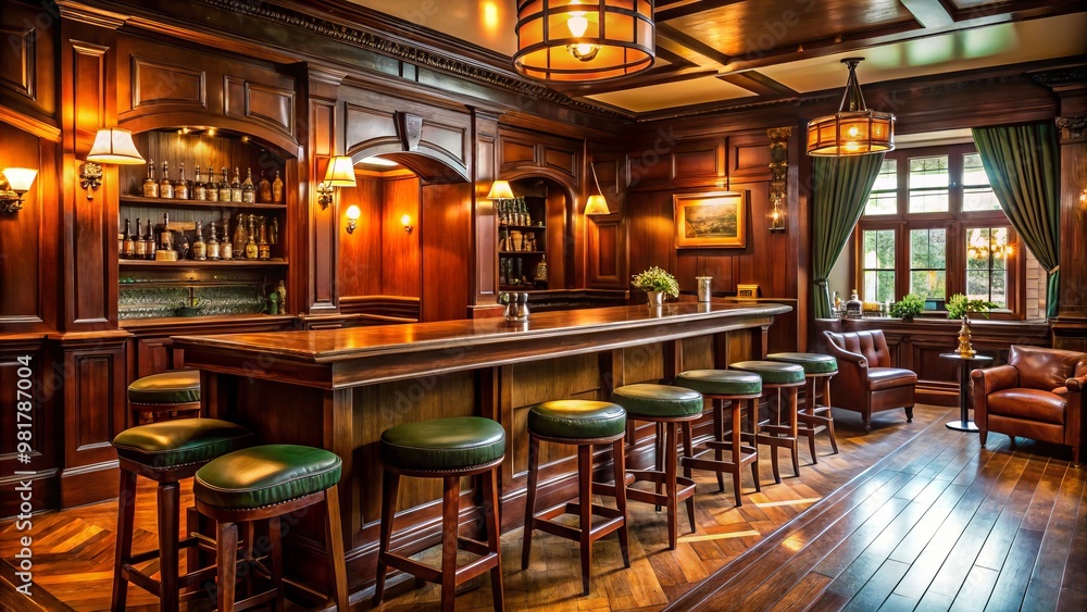 Historic wooden bar in a classic English pub with dark wood paneling ...